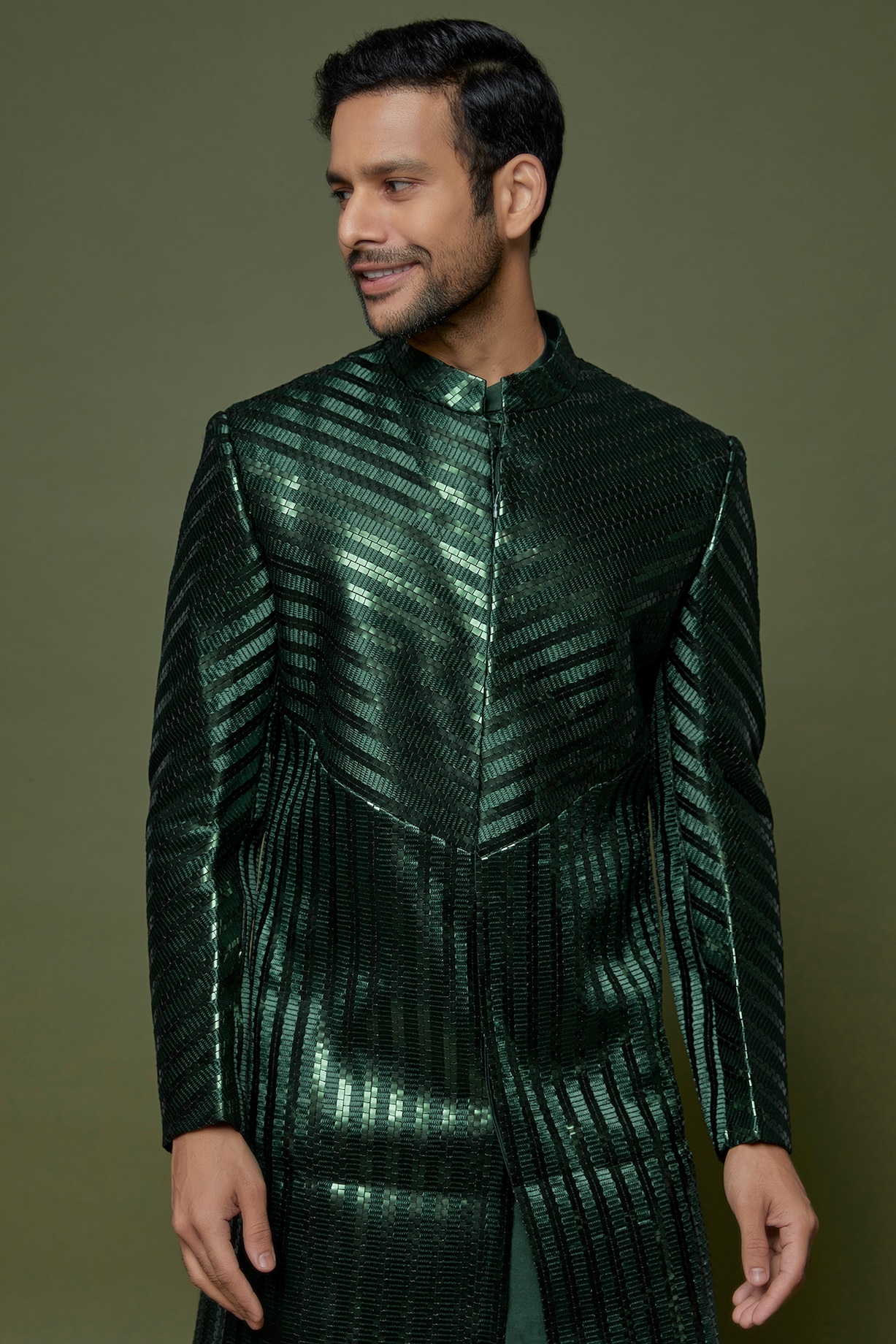 Emerald Metallic Handwoven Groom Sherwani Set by Amit Aggarwal Men at ...