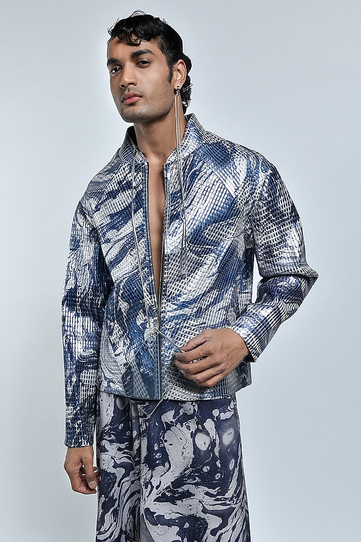 Grey Marble Metallic Polymer Bomber Jacket Set Design by Amit Aggarwal ...