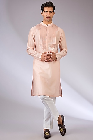 Blush Chanderi Silk & Tussar Silk Kurta Set by Amit Aggarwal Men at ...