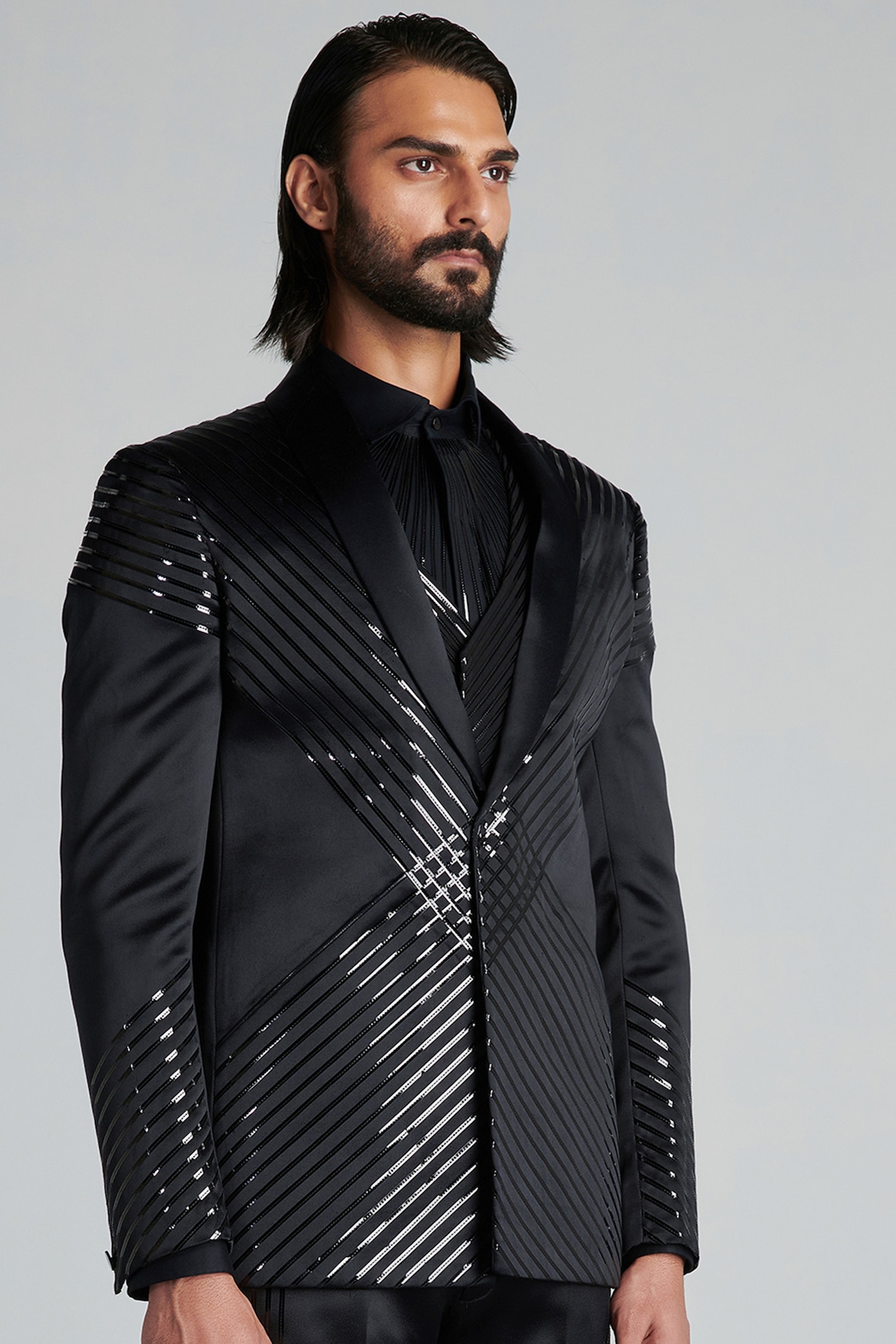 Black Metallic Tuxedo Set by Amit Aggarwal Men at Pernia's Pop Up Shop 2025