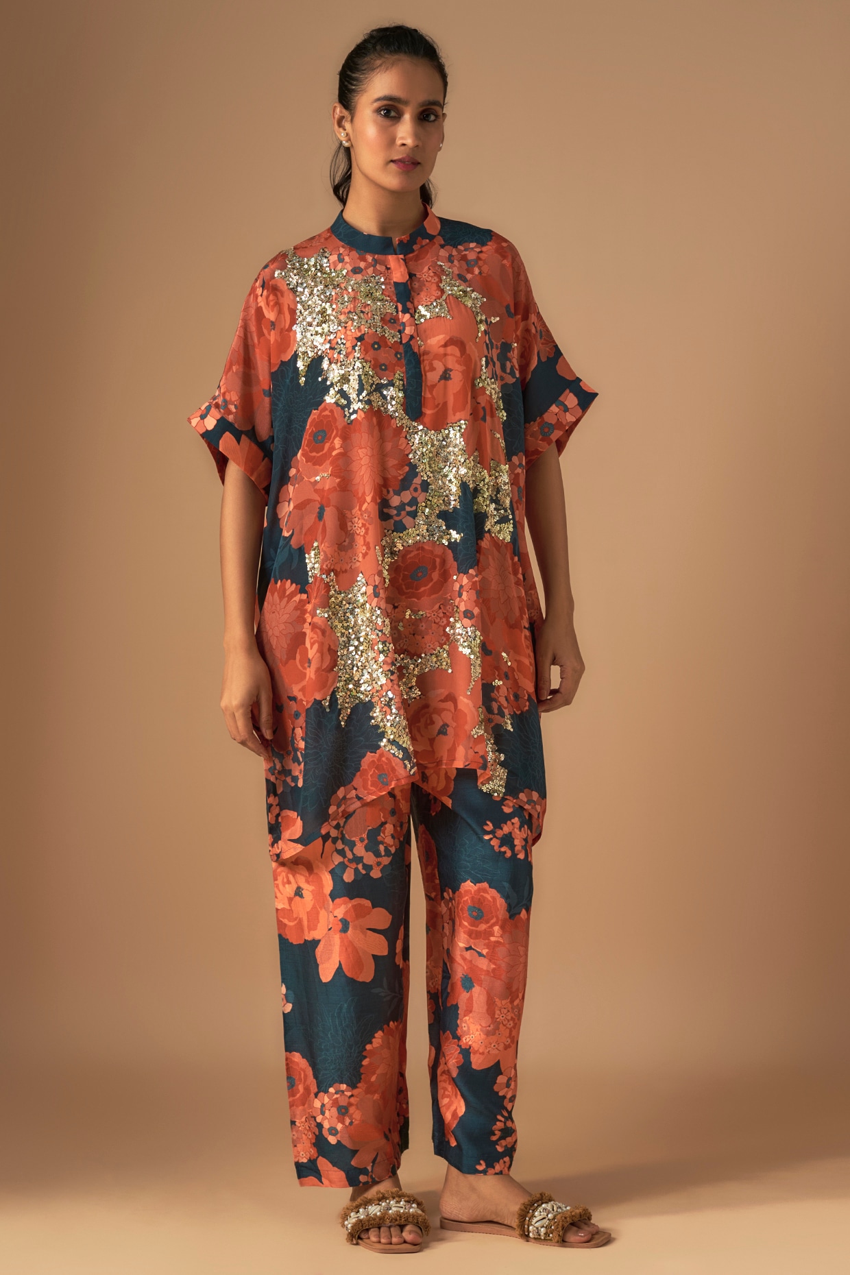 Navy Bemberg Crepe & Silk Sequins Embroidered Co-Ord Set by Archana ...