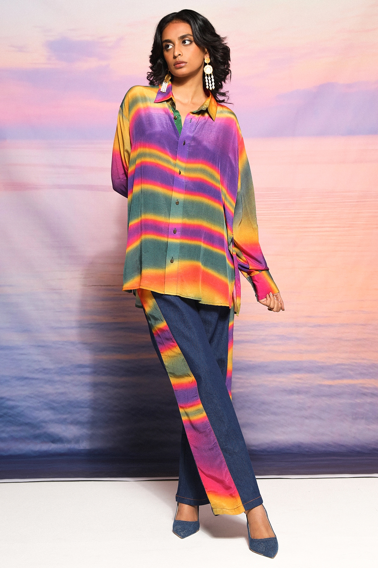 Green & Blue Cupro Crepe Printed Co-Ord Set by Ananya Agrawal Label at ...