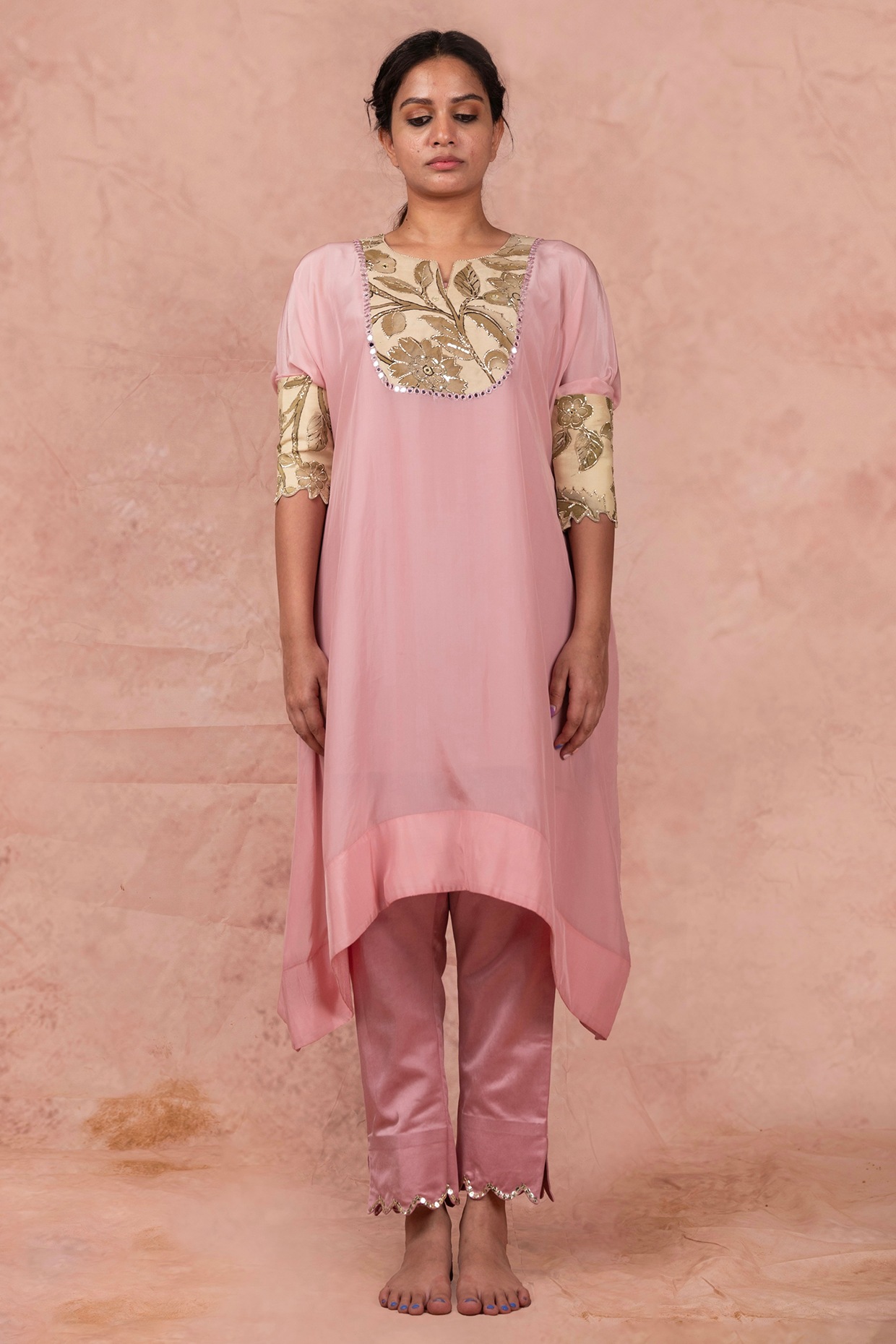 Pastel Pink Crepe & Cotton Satin Hand Painted & Zardosi Embroidered ...
