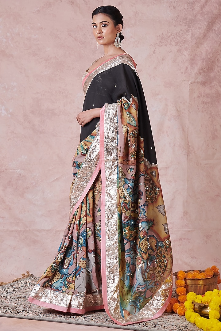 Multi-Colored Silk Kalamkari Mirror Work Wedding Saree Set by AAMRA BY LAVANYA at Pernia's Pop ...