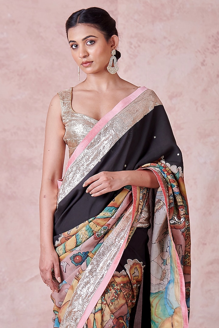 Multi-Colored Silk Kalamkari Mirror Work Wedding Saree Set by AAMRA BY LAVANYA at Pernia's Pop ...
