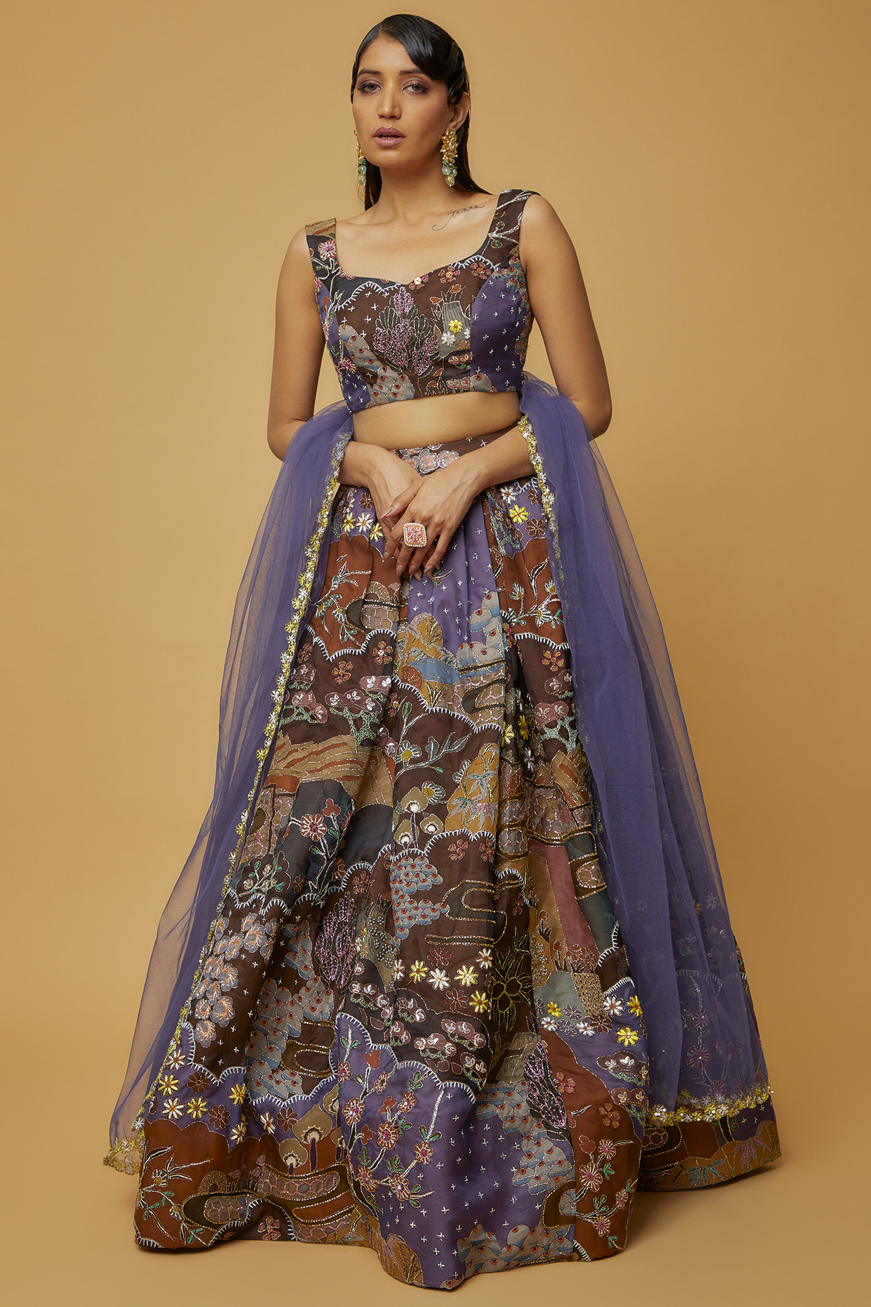 Multi Colored Organza Printed And Embellished Bridal Lehenga Set By Aisha
