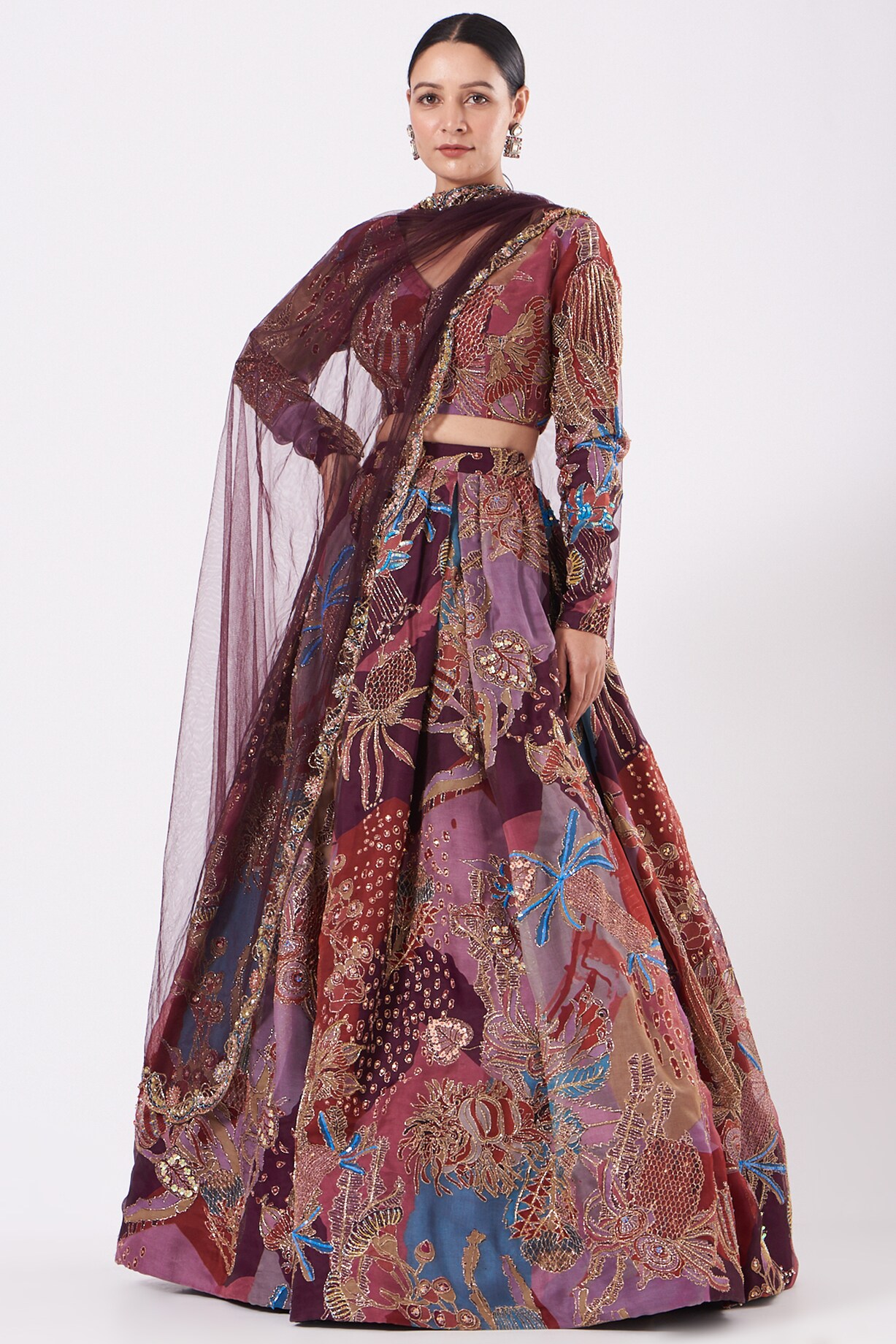 Plum Printed & Embroidered Box-Pleated Bridal Lehenga Set by Aisha Rao ...