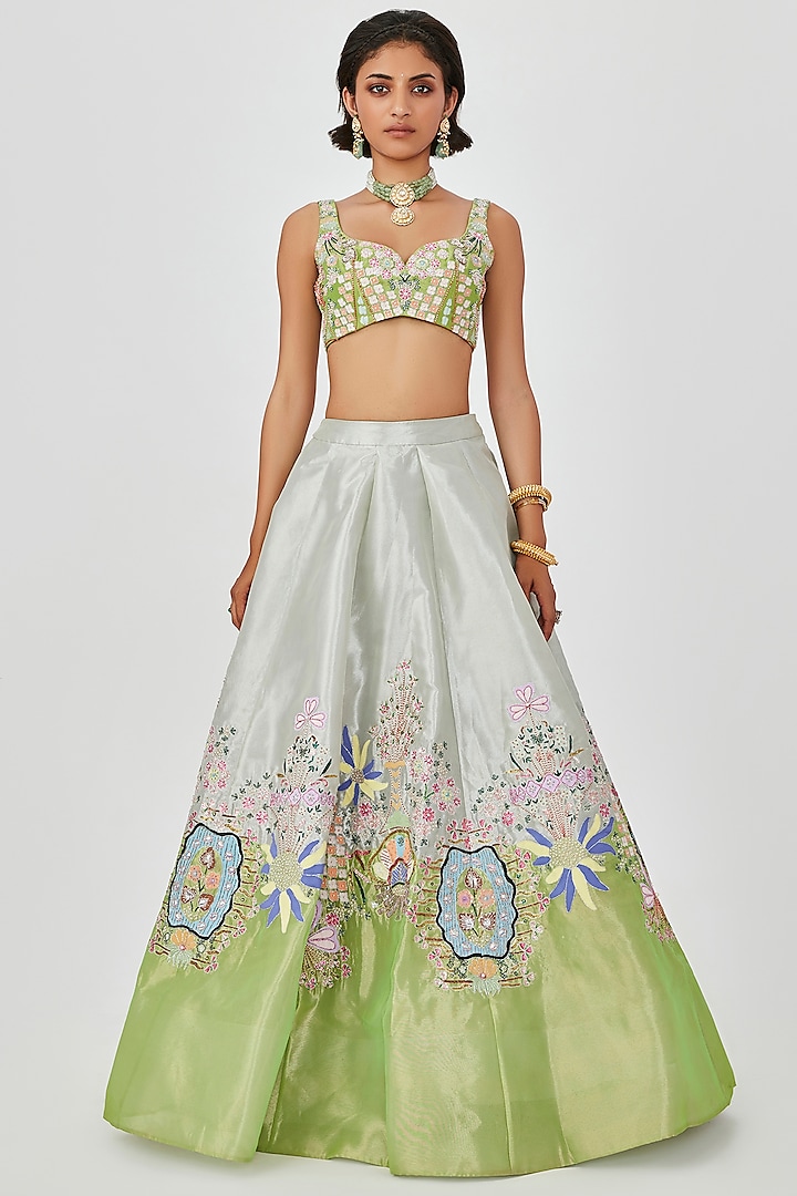 Ivory & Lime Tissue Embellished Bridal Lehenga Set by Aisha Rao at ...