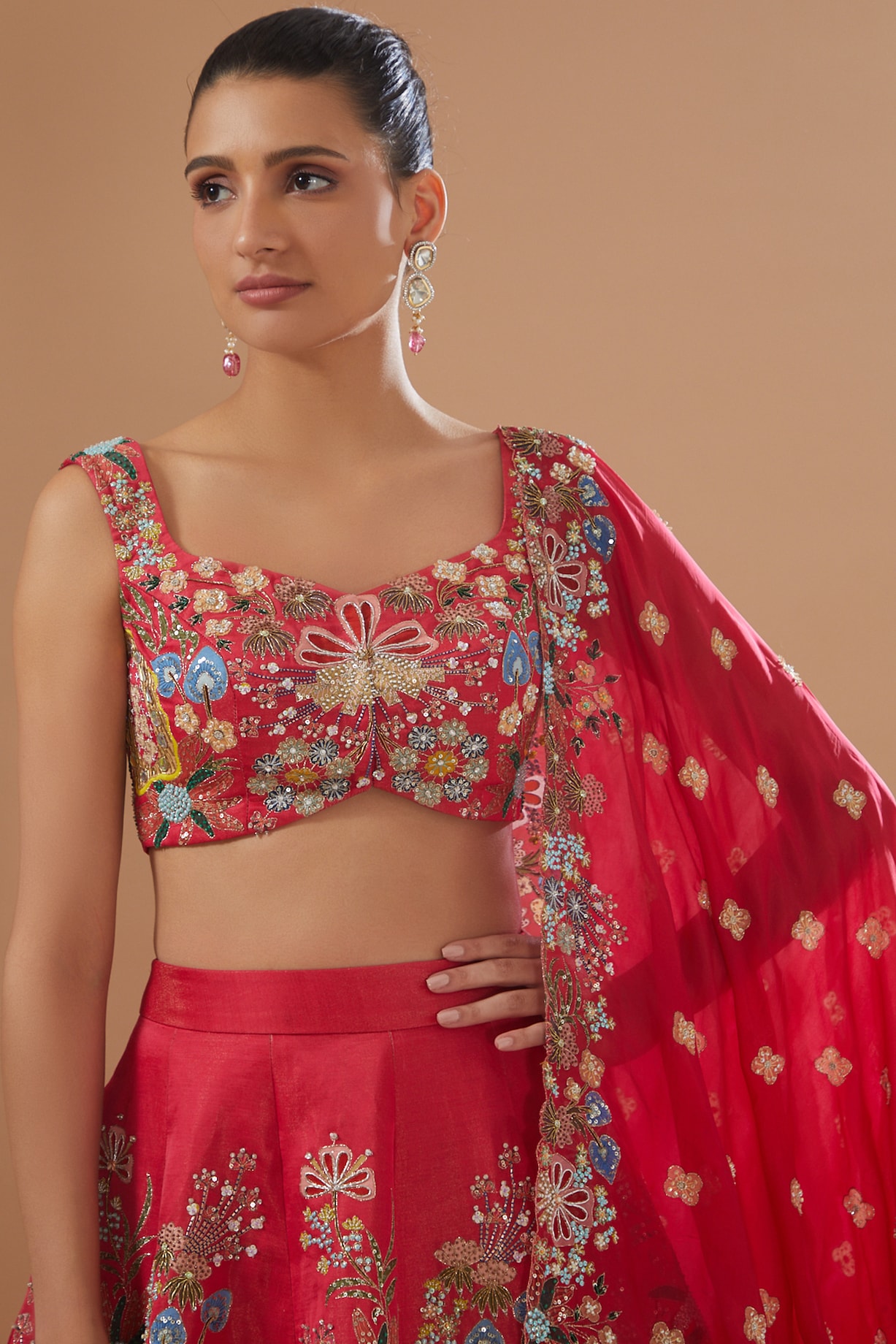 Carmine Pink Kasab Satin Embellished Bridal Lehenga Set by Aisha Rao at ...