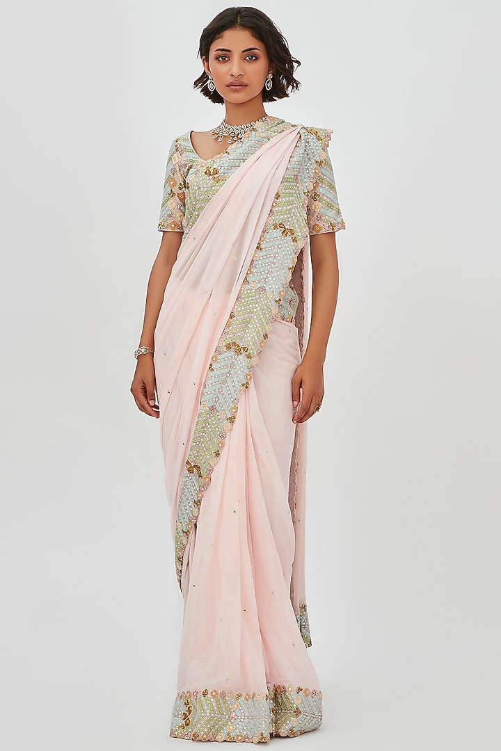 Spanish Pink Georgette Embellished Saree Set by Aisha Rao at Pernia's ...