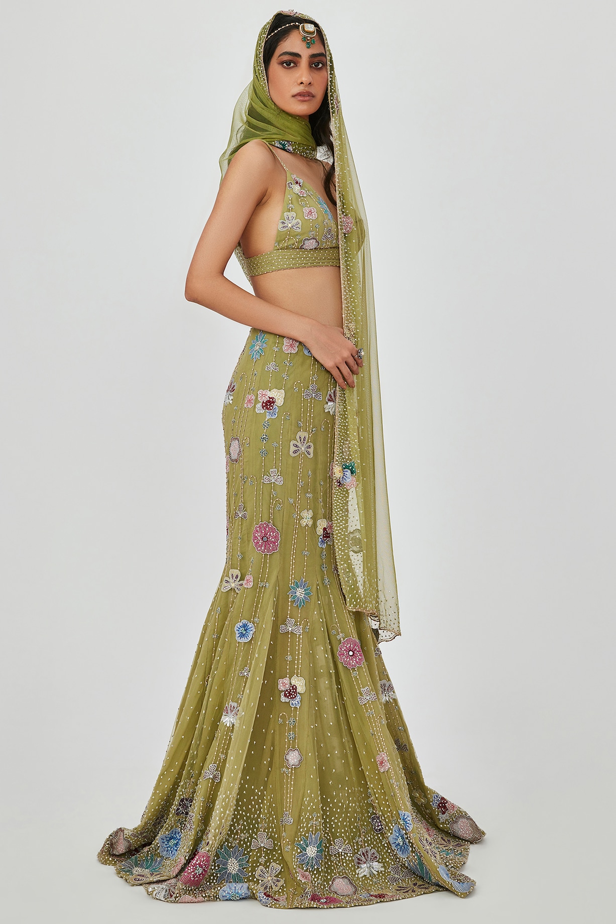 Olive Net Embellished Mermaid Bridal Lehenga Set by Aisha Rao at Pernia ...