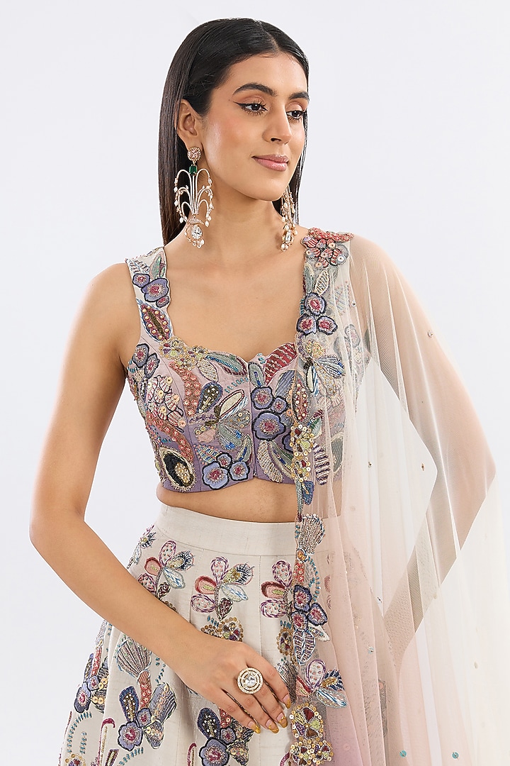 Ivory Ombre Raw Silk Applique Embellished Bridal Lehenga Set by Aisha ...