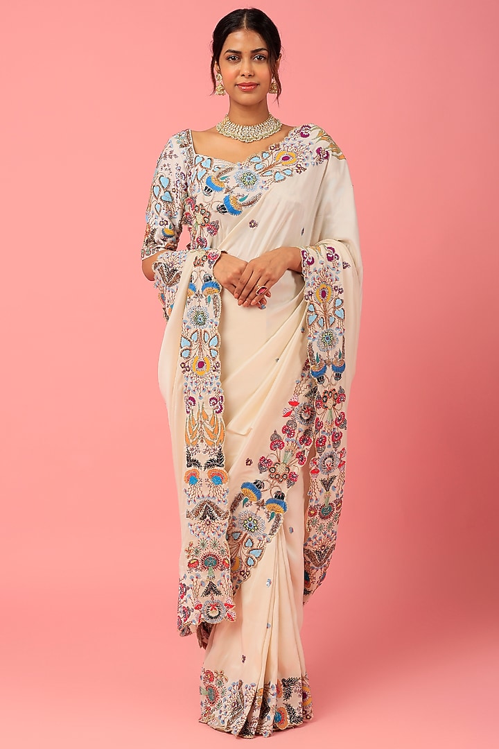 Ivory Embellished Saree Set by Aisha Rao at Pernia's Pop Up Shop 2024