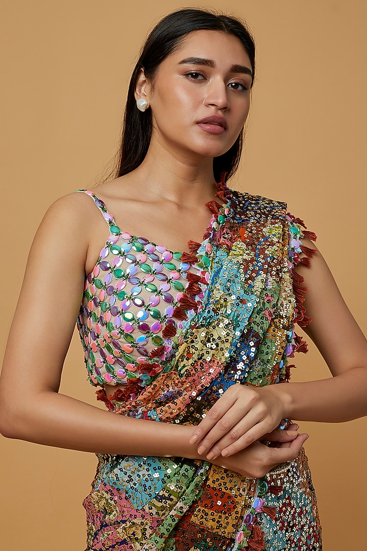 Multi-Colored Georgette Sequins Embroidered Saree Set by Aisha Rao at ...