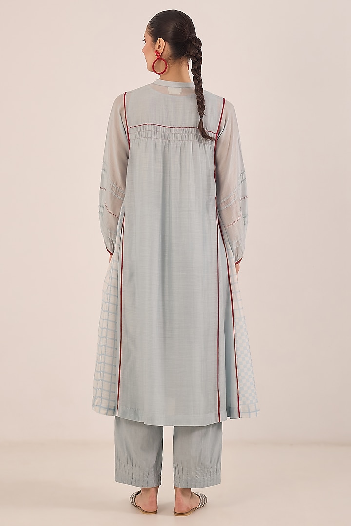 Powder Blue Silk Chanderi Motif Embroidered Kurta Set by Shivani ...