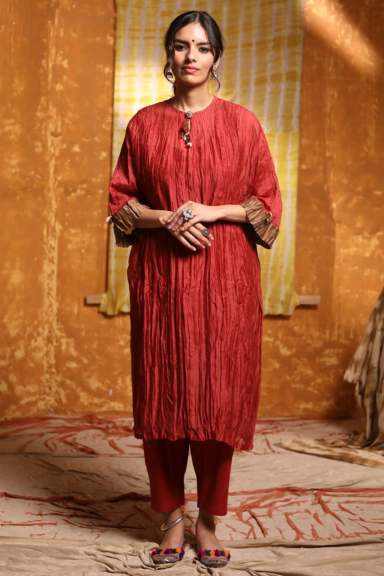 Maroon Crinkle Chanderi Silk Co-Ord Set by Shivani Bhargava at Pernia's Pop Up Shop 2024