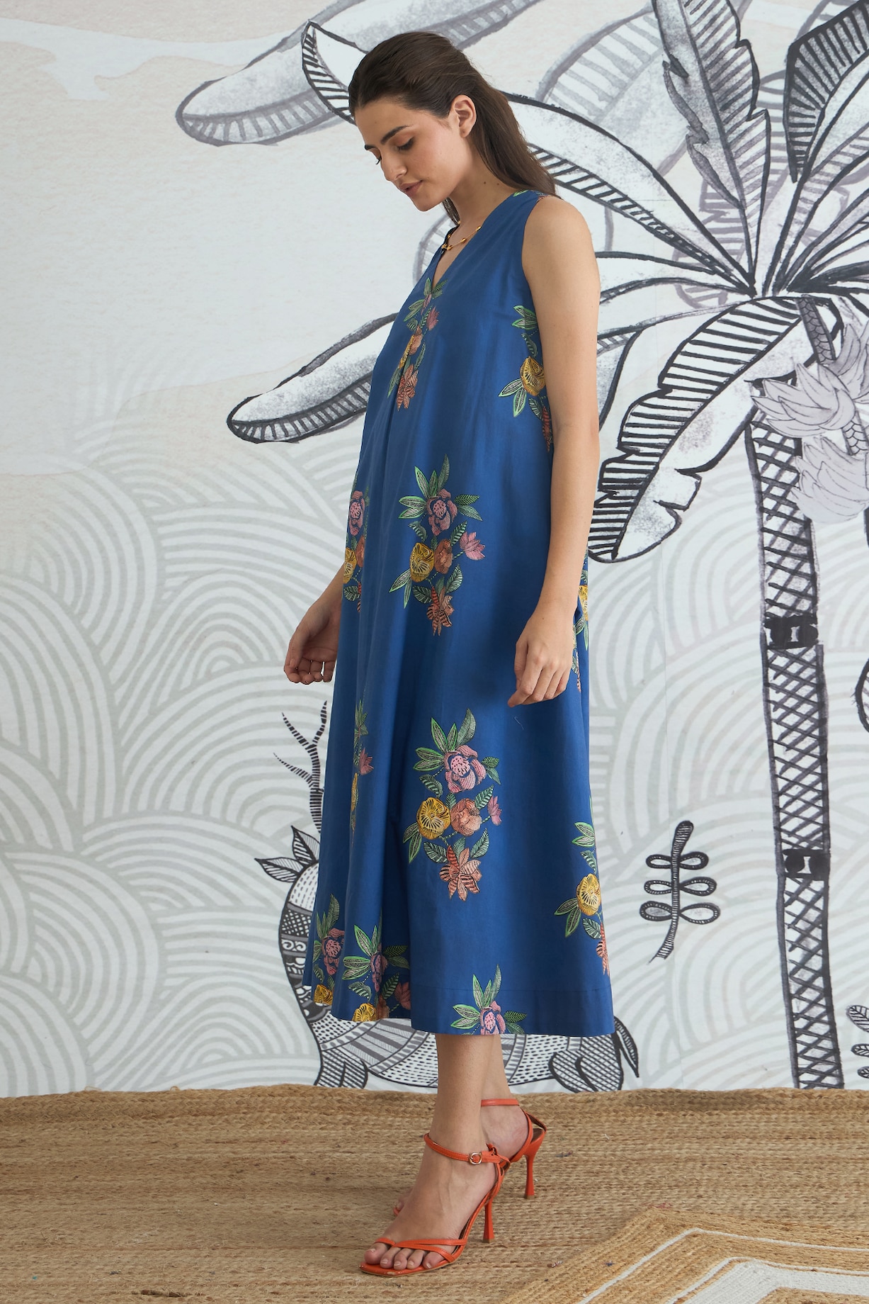 Blue Cotton Digital Printed A-Line Midi Summer Dress by shivani ...