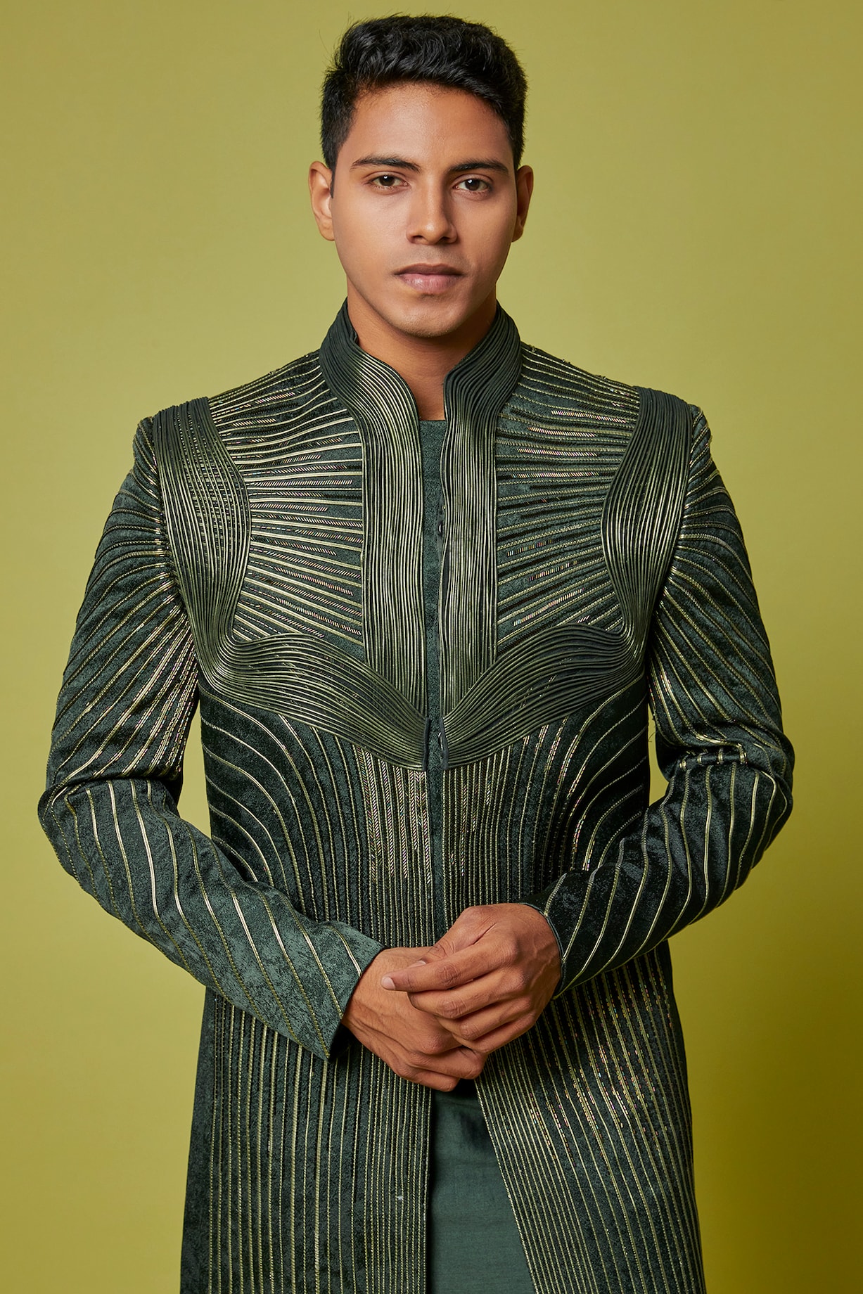 Buy Amit Aggarwal Men Bottle Green Hand Embroidered Sherwani Set at ...