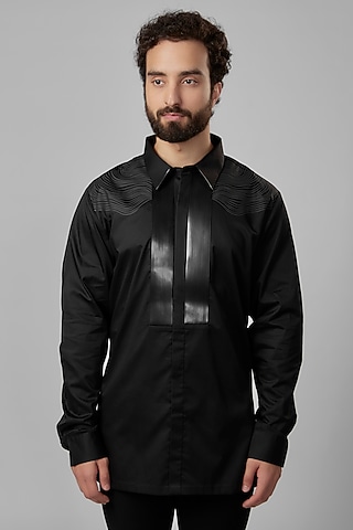 Black Cotton Satin Metallic Polymer Structured Shirt by Amit Aggarwal ...