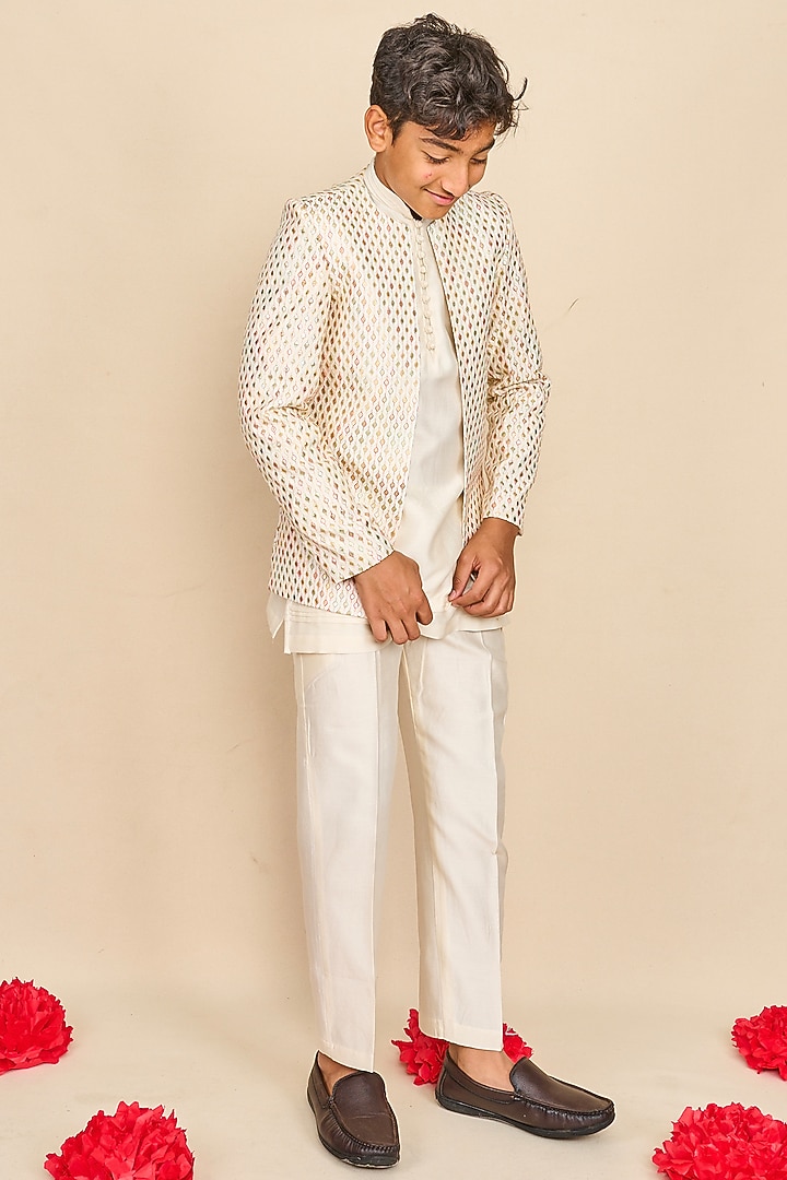 Ivory Banglore Silk Gota Embroidered Indo-Western Jacket For Boys by ...