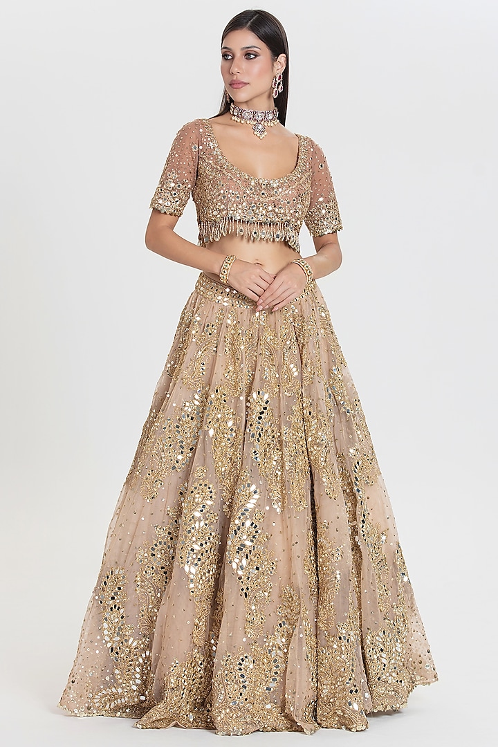Champagne Gold Net Zari Embroidered Bridal Lehenga Set by Abhinav ...