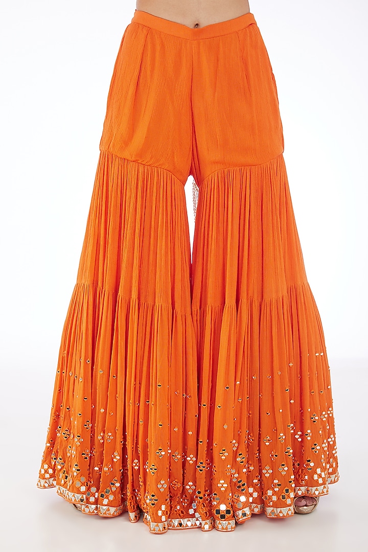 Orange Raw Silk & Chiffon Mirror Embroidered Sharara Set Design by ...