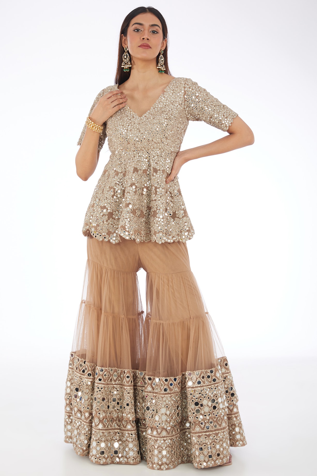 Beige Net Mirror Embroidered Sharara Set by Abhinav Mishra at Pernia's ...