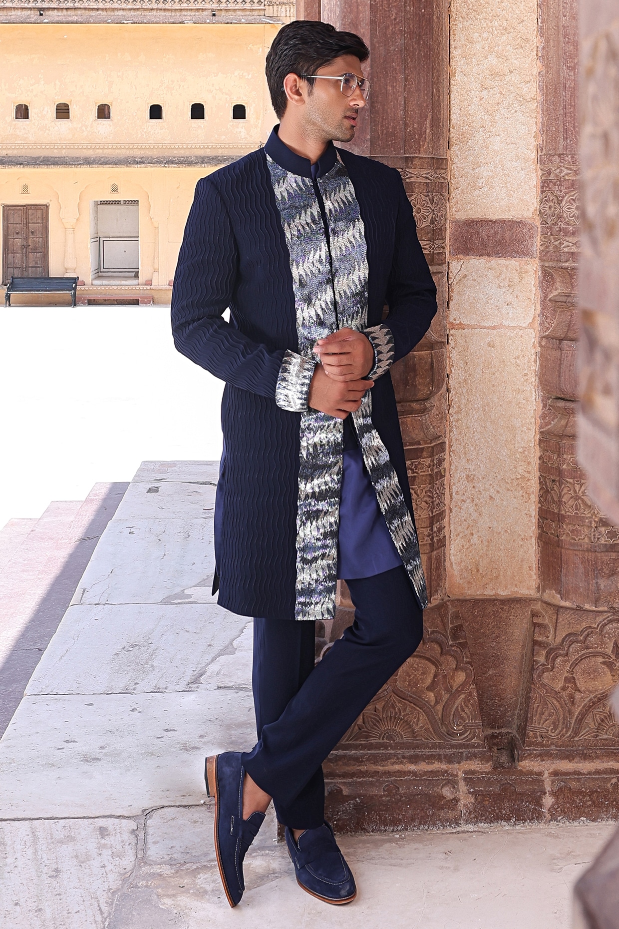 Navy BLue Japanese Fabric & Modal Satin Indowestern Set by Abkasa at ...