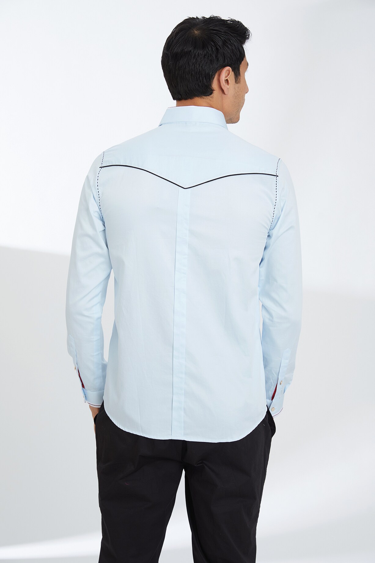 Powder Blue Cotton Embroidered Shirt by Abkasa at Pernia's Pop Up Shop 2024