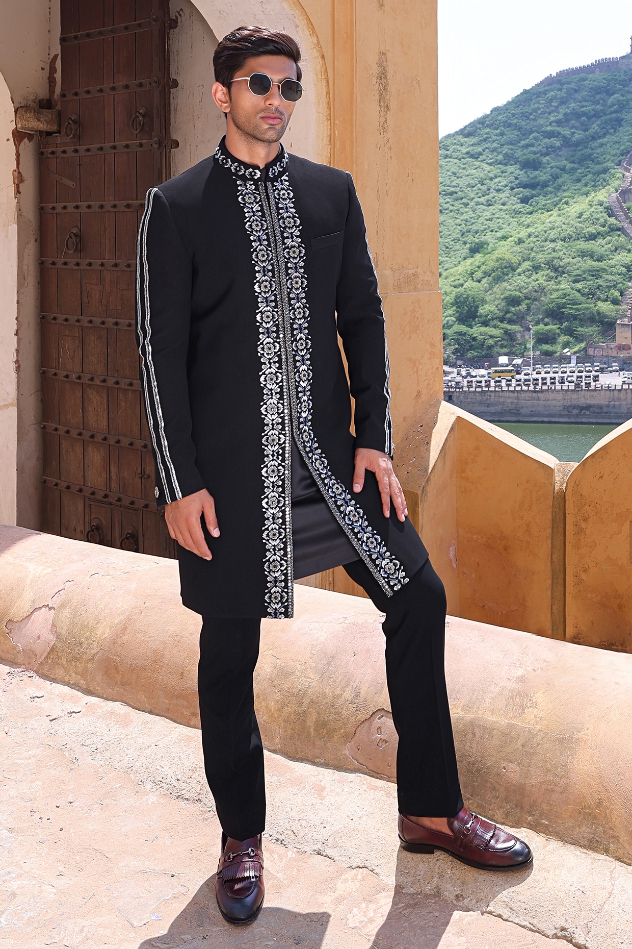 Black Japanese Fabric & Modal Satin Indowestern Set by Abkasa at Pernia ...
