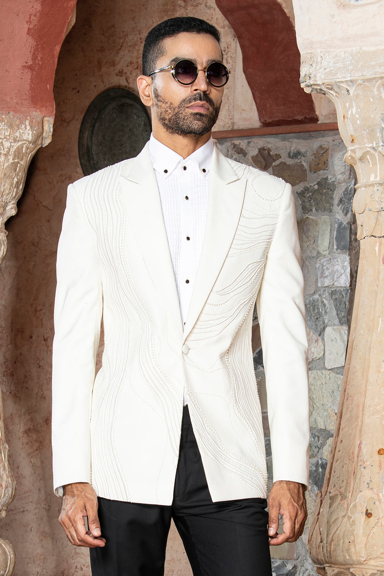 White Suiting Terry Rayon Pearl Embroidered Tuxedo Set by Abkasa at ...