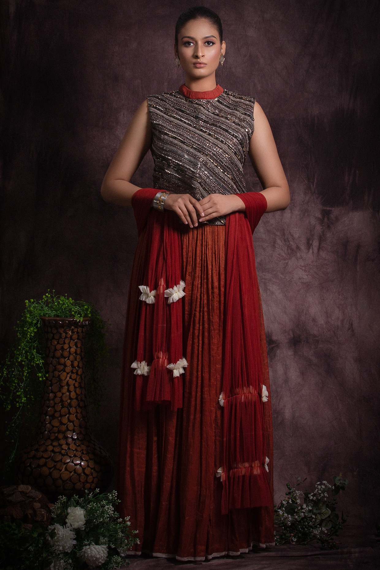 Brick Red Silk Tissue Skirt Set by Abstract by Megha Jain Madaan at ...