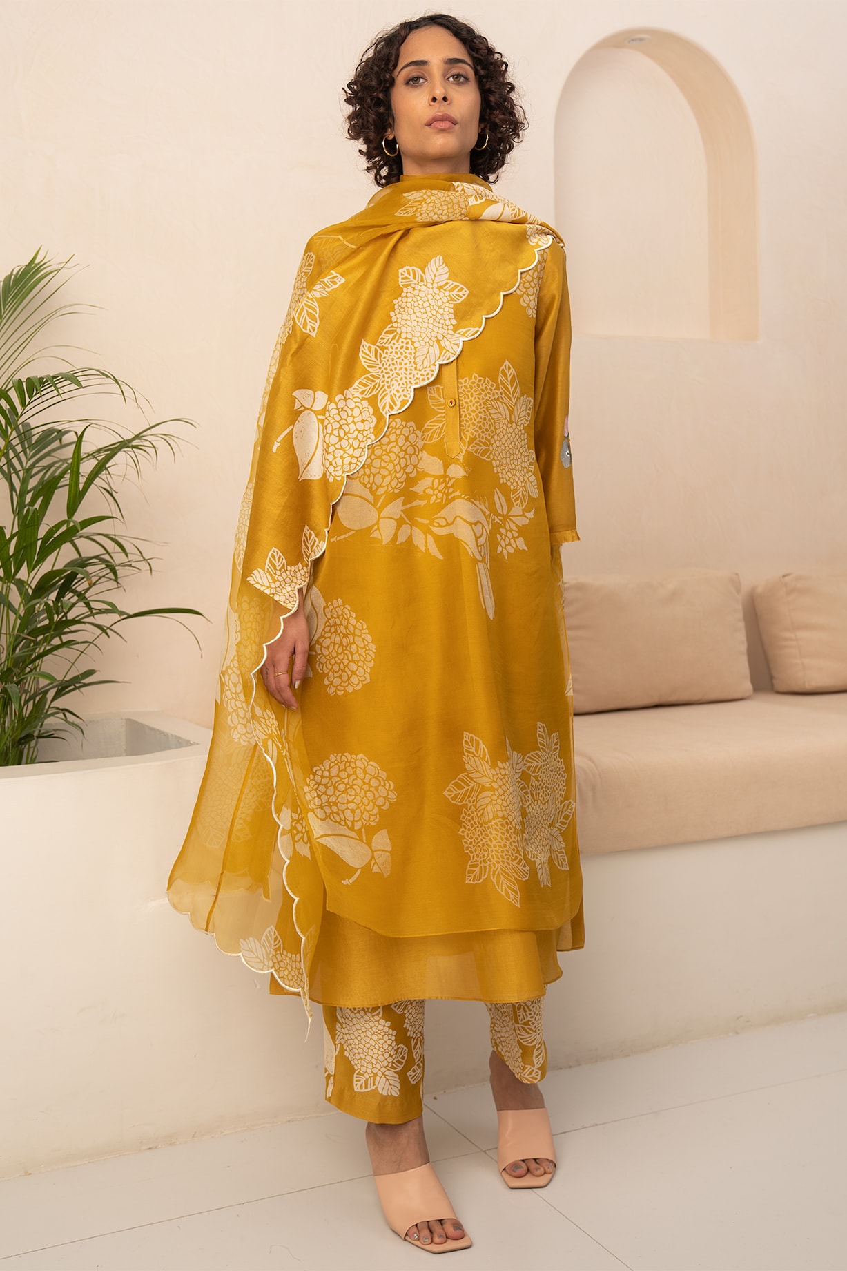 Ochre Chanderi & Organza Printed Layered Tunic Set by Arcvsh by Pallavi ...