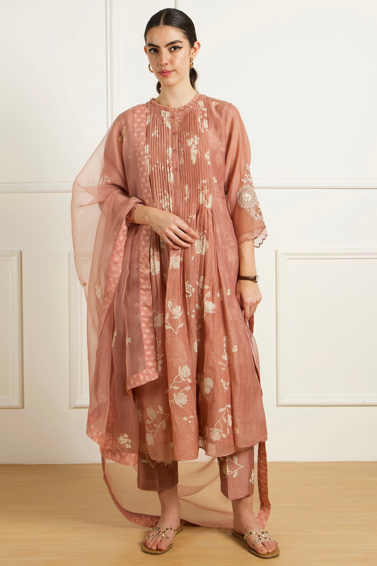 Almond Colored Mul Chanderi Machine Embroidered & Printed Tunic Set by ...