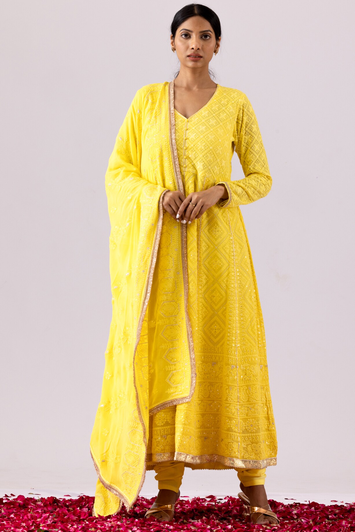 Lemon Yellow Georgette Chikankari Anarkali Set by Abbaran at Pernia's ...
