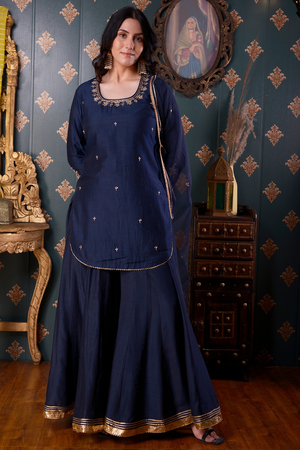 Navy Blue Cotton Silk Gharara Set by Abbaran at Pernia's Pop Up Shop 2025