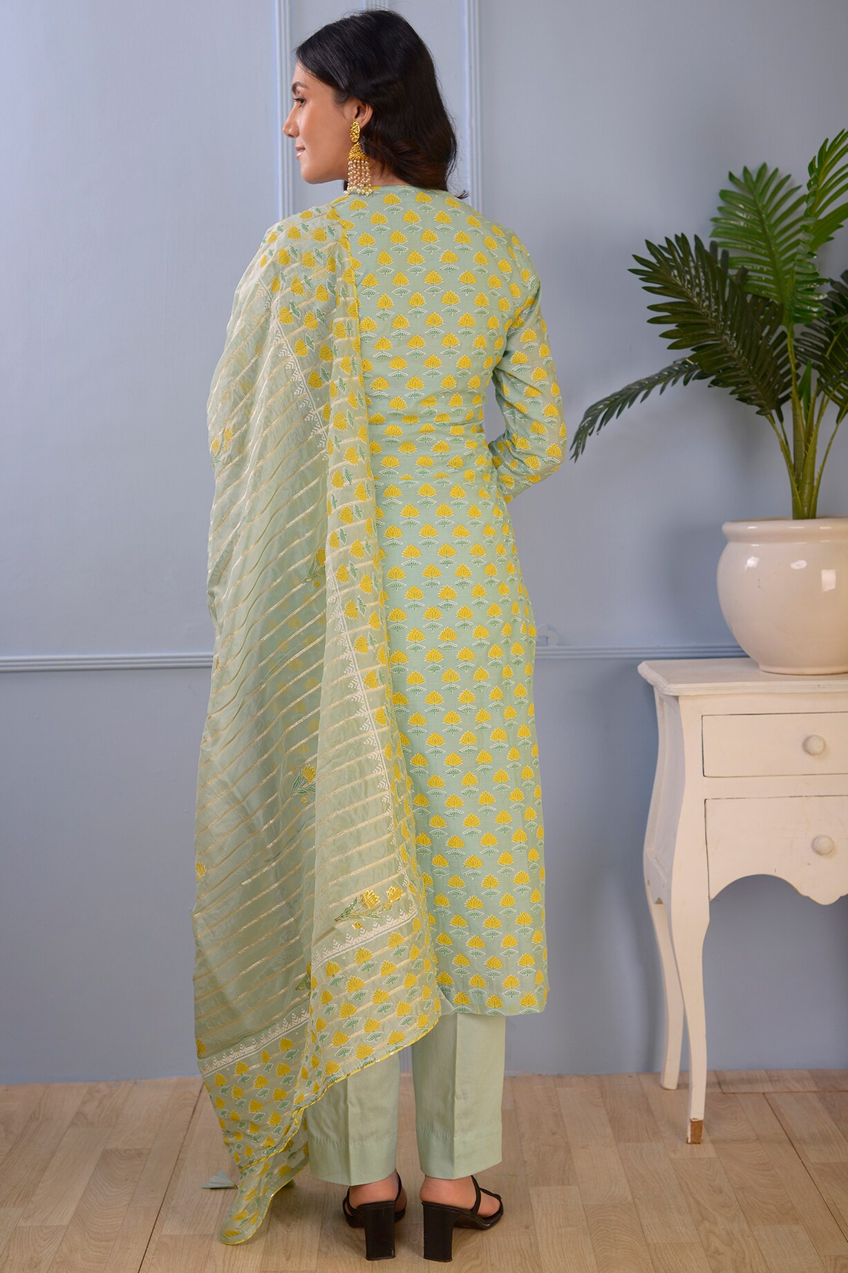 Sea Green Block Printed Kurta Set by Abbaran at Pernia's Pop Up Shop 2024