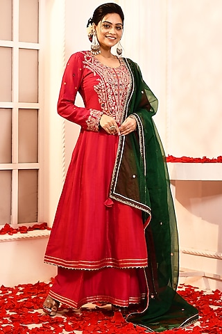 Rani Pink Cotton Silk Aari Embroidered Anarkali Set by Abbaran at ...