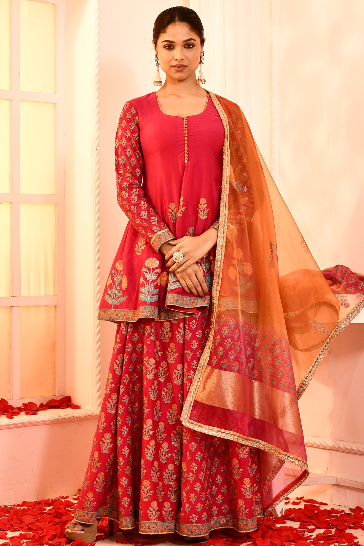 Rani Pink Cotton Silk Block Printed Sharara Set by Abbaran at Pernia's ...