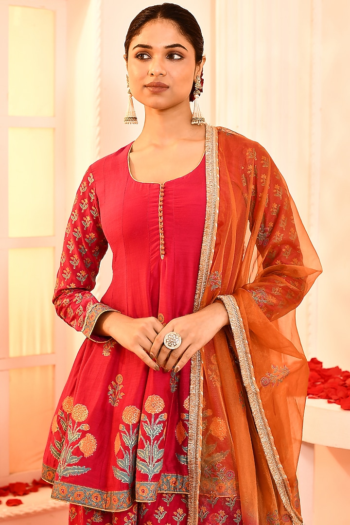 Rani Pink Cotton Silk Block Printed Sharara Set by Abbaran at Pernia's ...