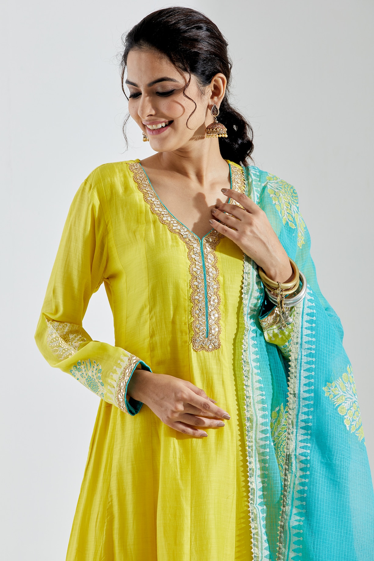 Lemon Yellow Foil Block Printed Anarkali Set by Abbaran at Pernia's Pop ...