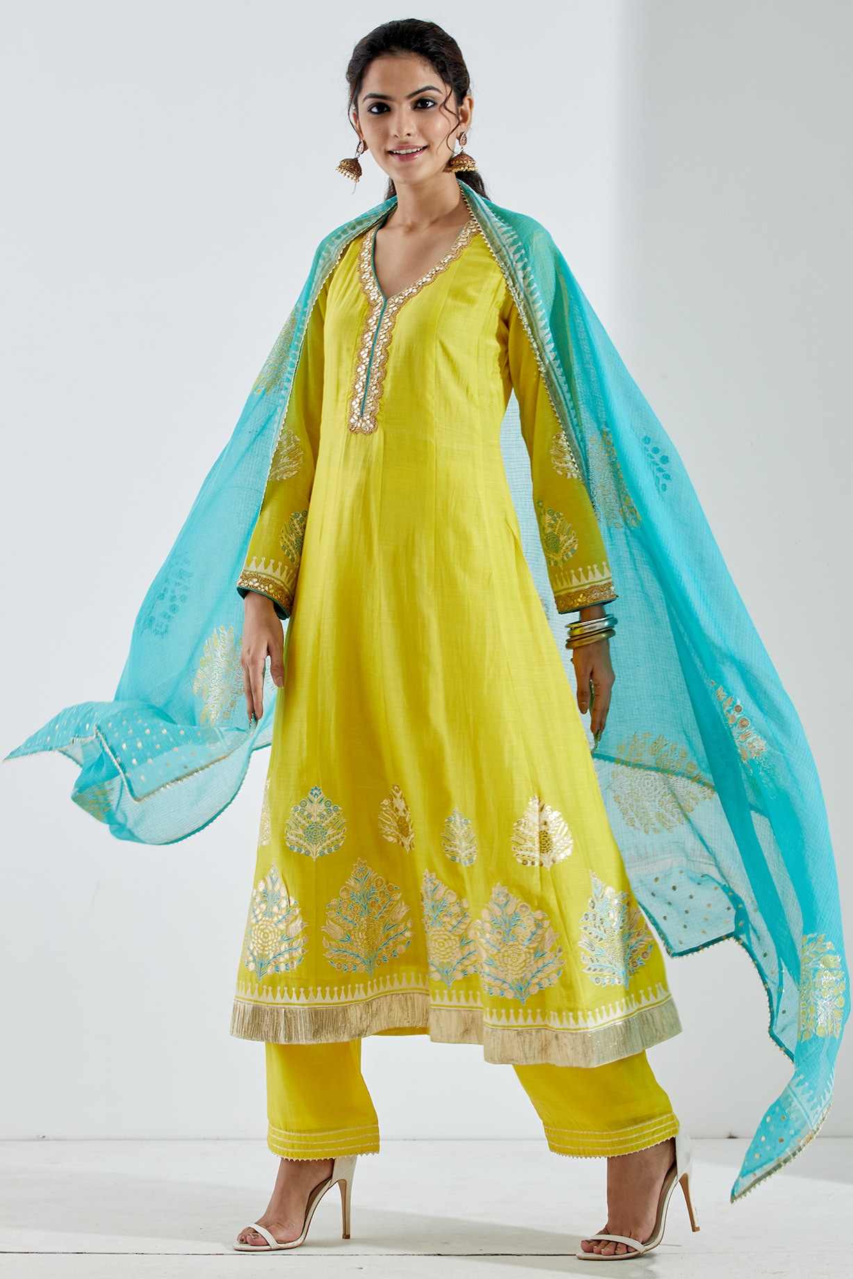 Lemon Yellow Foil Block Printed Anarkali Set by Abbaran at Pernia's Pop ...