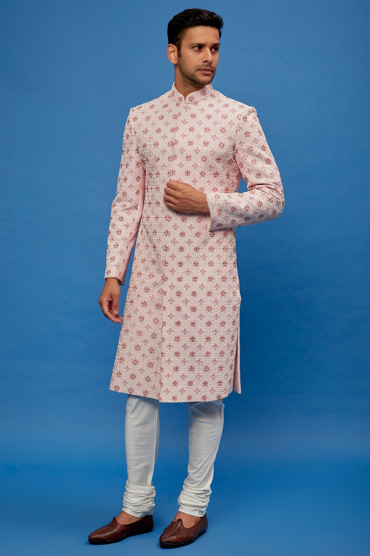 Pink Raw Silk Floral Boota Embroidered Groom Sherwani Set by AUGUST by ...