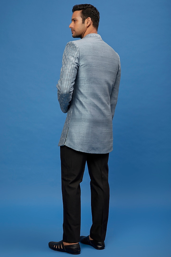 Aqua Blue Raw Silk Embroidered Indo-Western Set by AUGUST by Swati ...