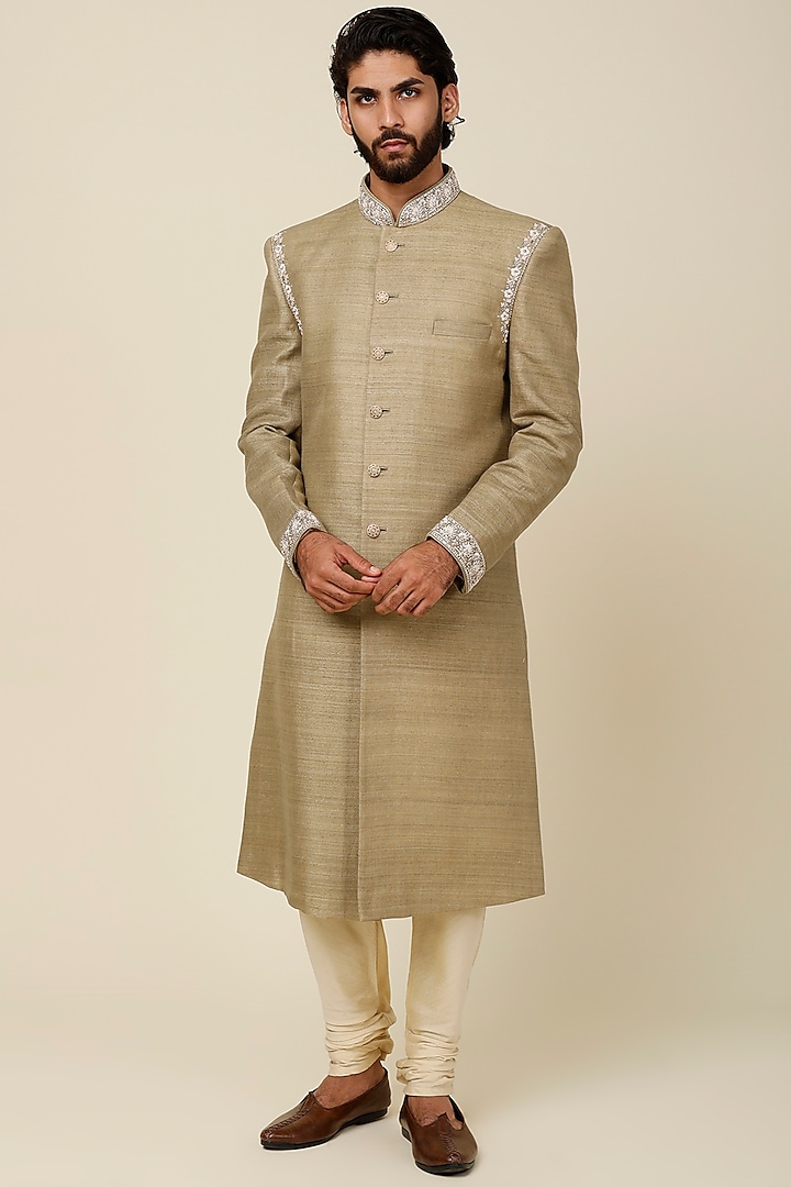 Golden Beige Embroidered Sherwani Set Design by AUGUST by Swati Akash ...