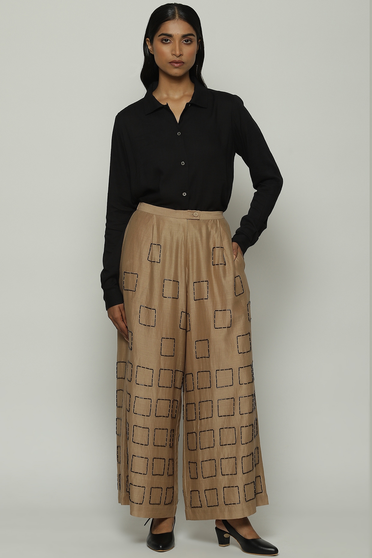 Biscuit Brown Chanderi Hand Embroidered Pants by Abraham & Thakore at ...