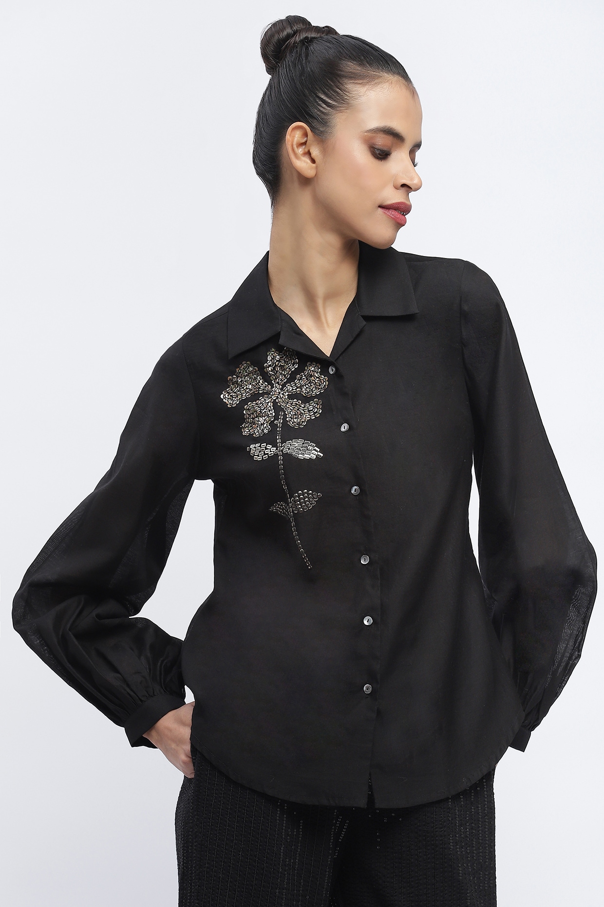 Black Fluid Chanderi Boota & Sequins Embroidered Shirt by Abraham ...