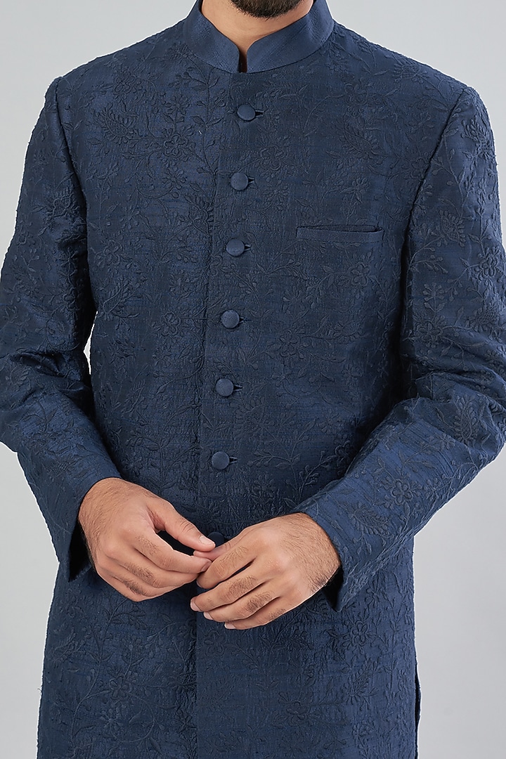 Navy Blue Embroidered Groom Sherwani Set by Aqube by Amber Men at ...