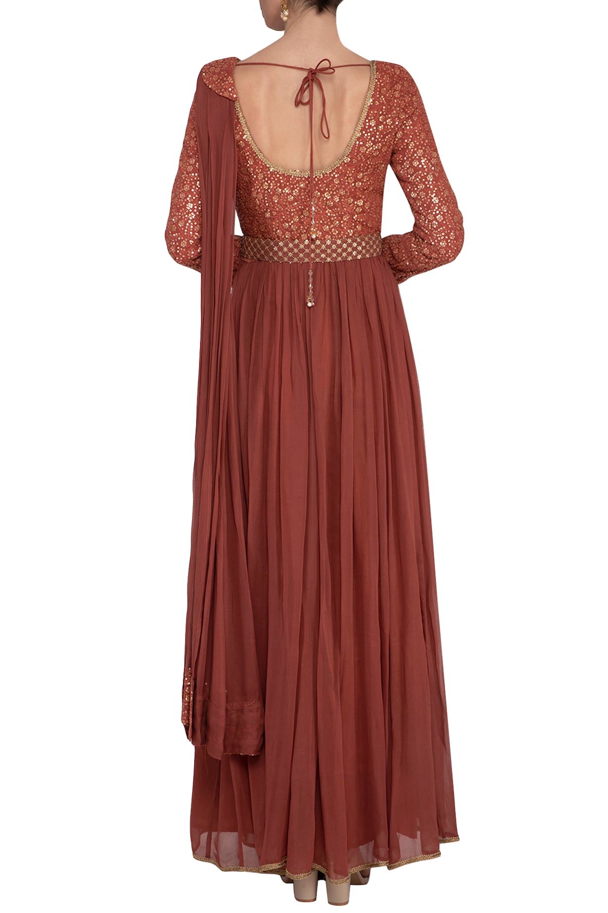 Rust embroidered anarkali gown with attached dupatta Design by Abhi ...