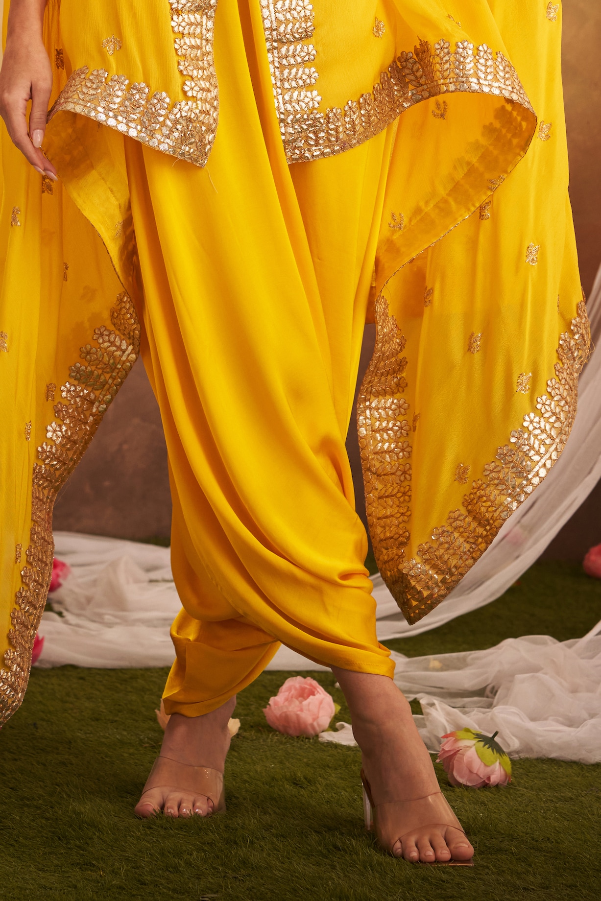 Yellow Georgette Lace & Boota Embroidered Cape With Jumper by Arab Crab ...